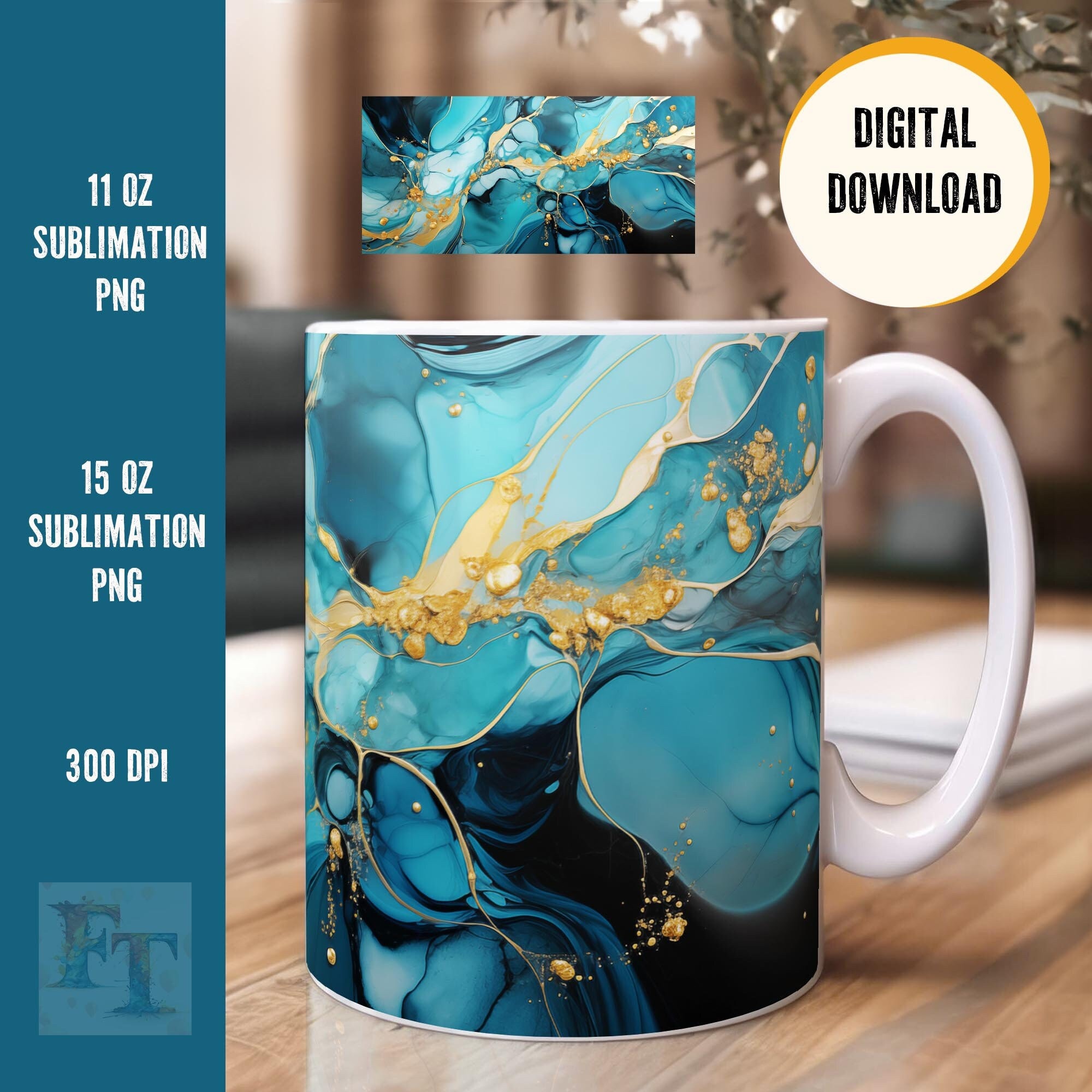 Tassen Sublimation Design in Gold, Türkis Marmor Optik Tassen PNG ...