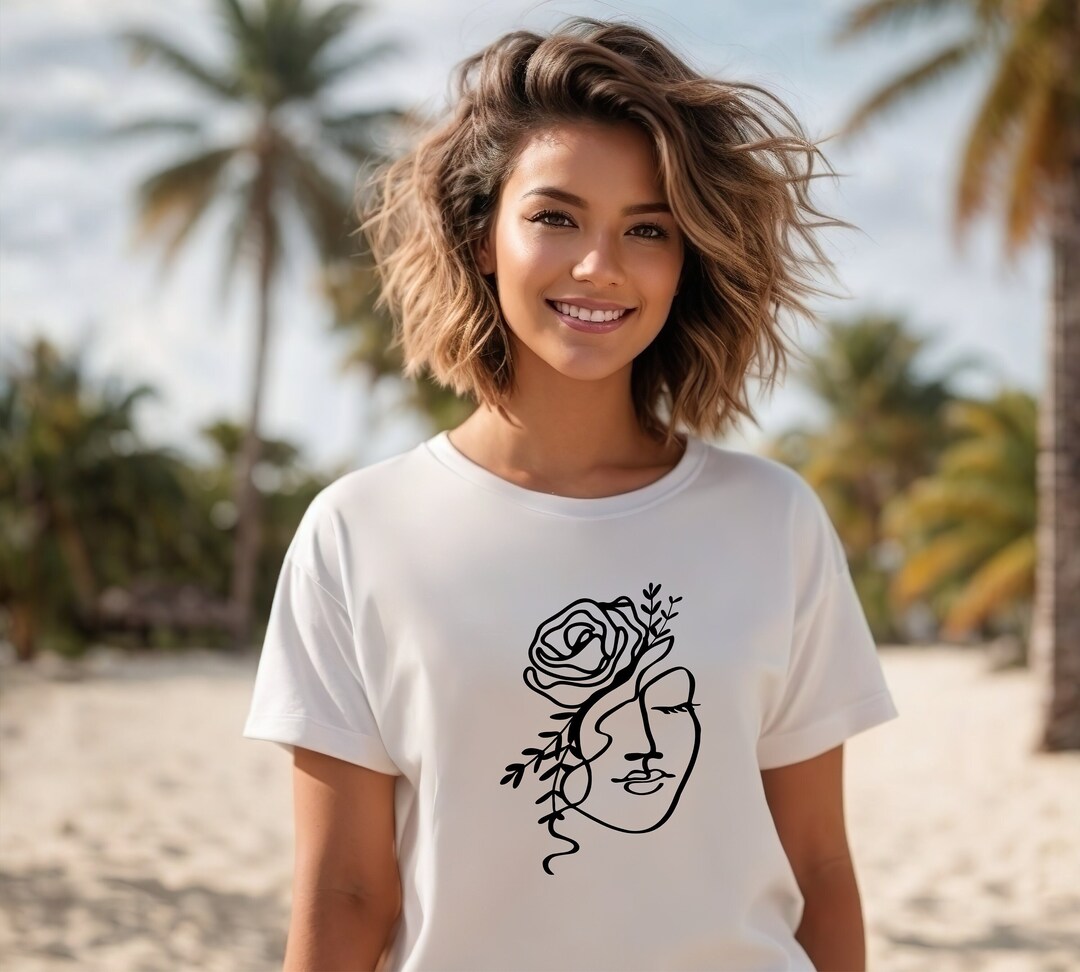 Floral Woman Shirt, Floral Woman Face Shirt, Minimalist Line Art T ...