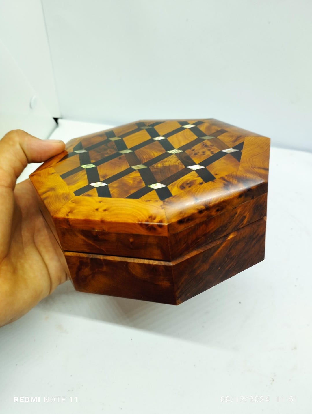 Octagonal Thuya Root Box, Walnut Jewellery Wood Box Diamond Pattern ...