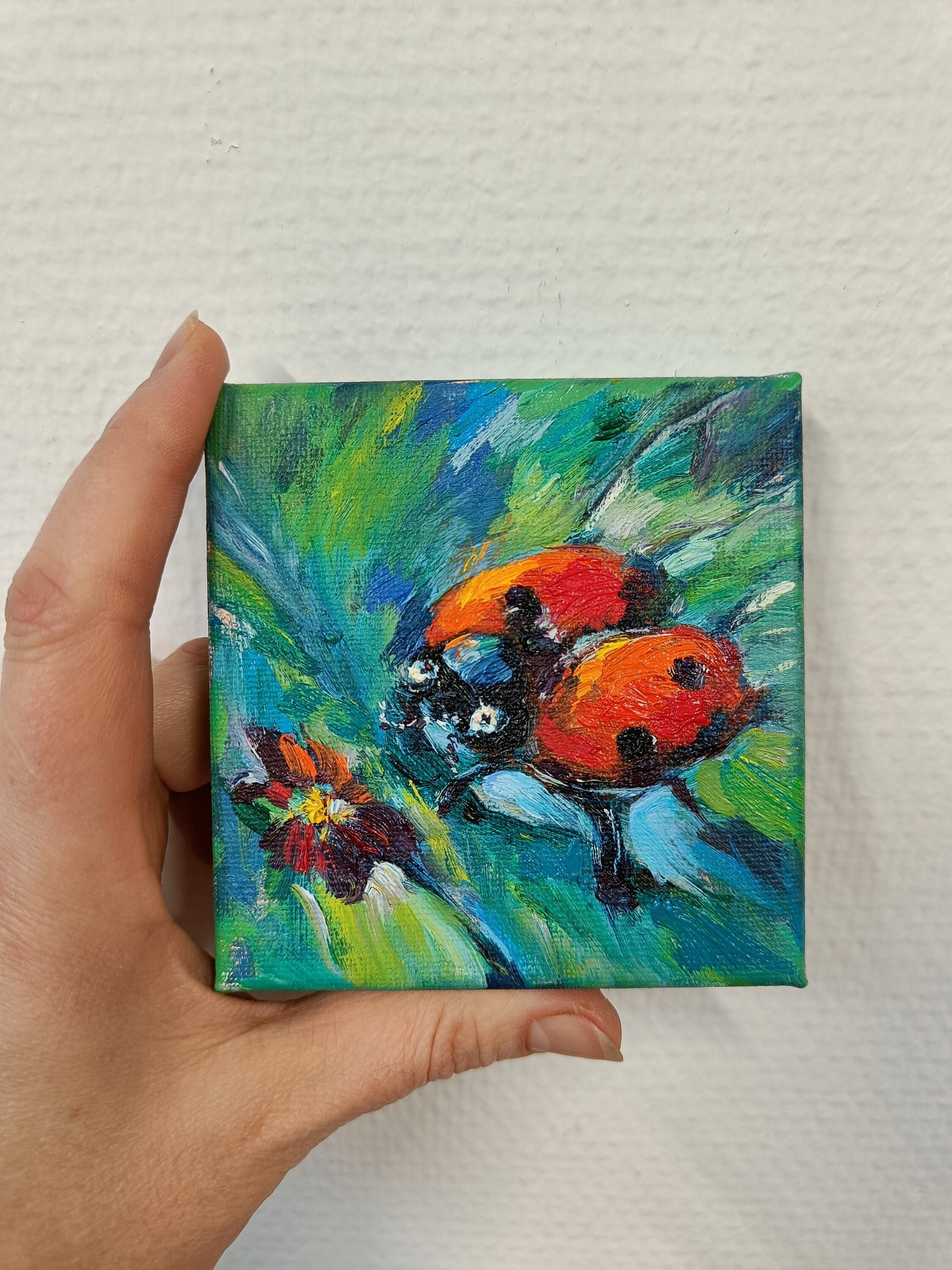 Red Ladybug Portrait Original Oil Painting Small Canvas Nature Artwork ...