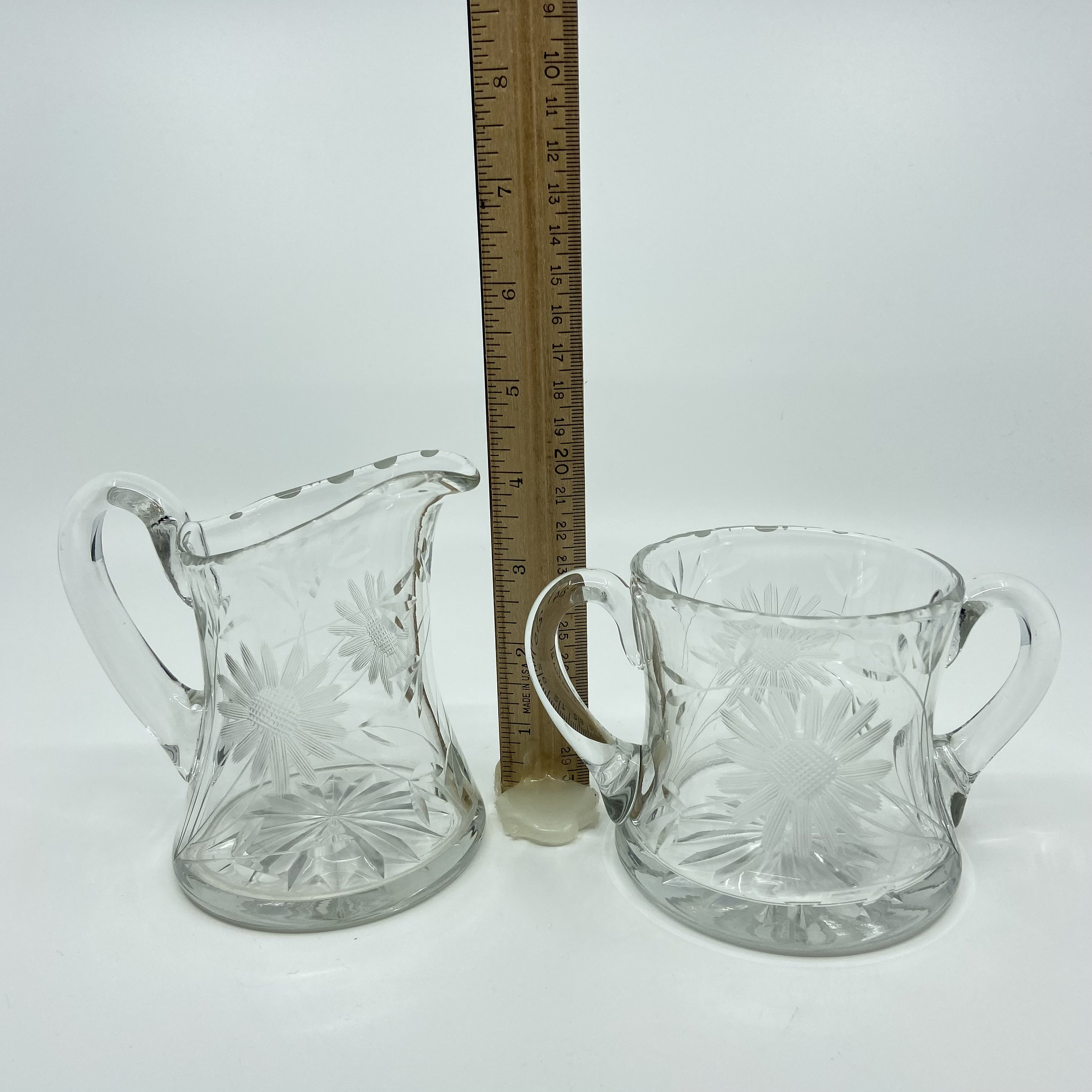 Clear Glass Etched Floral Design Beautiful Creamer And Sugar Bowl Set