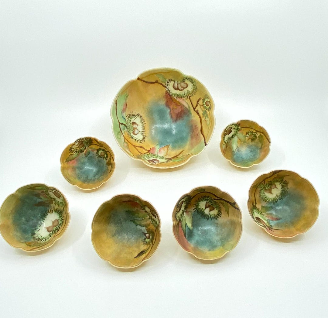 Handpainted Chestnut Bowl Set: Vintage Footed Nut Bowl With Serving ...