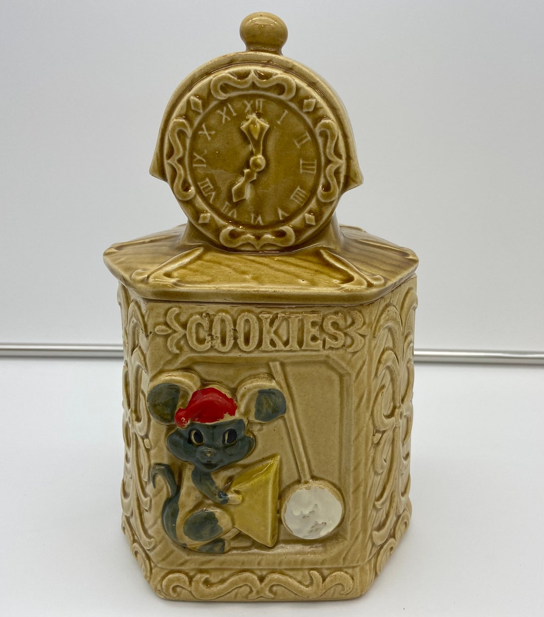 Vintage Cookie Jar, Grandfather Clock, Mouse With Red Cap on Holding ...
