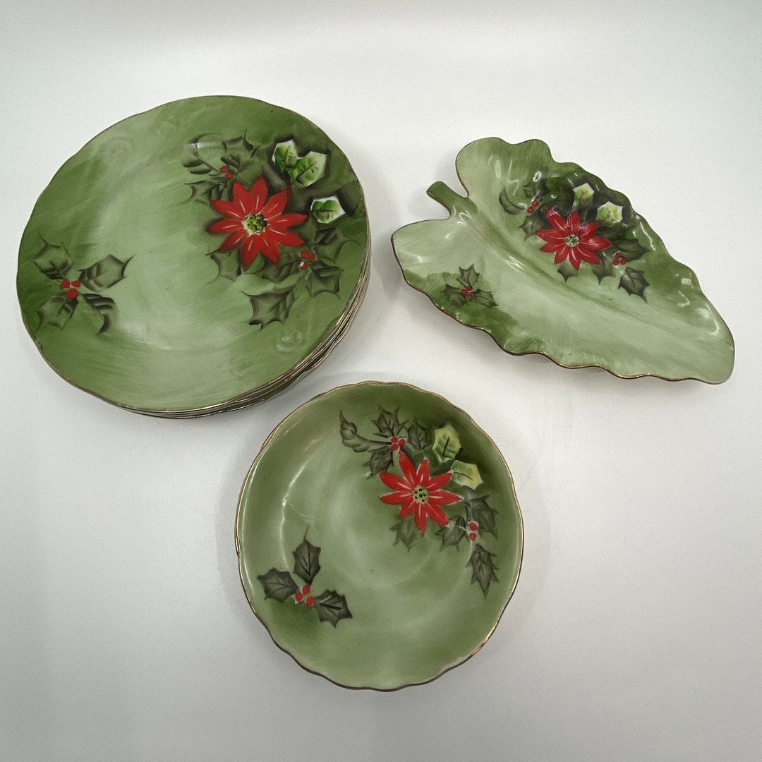 Limited Edition Lefton China Green Plates With Red Poinsettias, Set ...