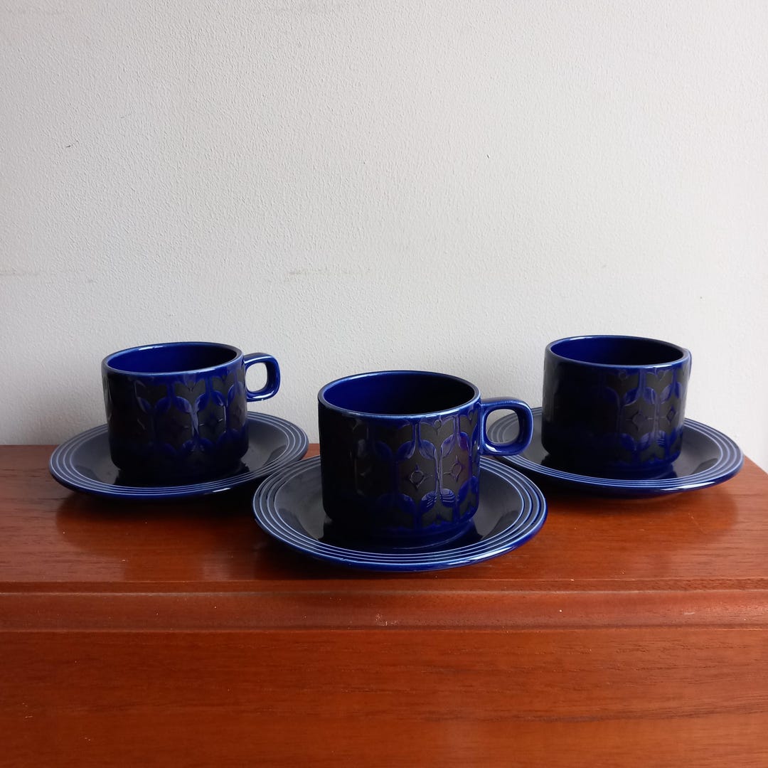 3 X Hornsea Midnight Blue Heirloom Cups With Saucers, Rare, 1970s - Etsy