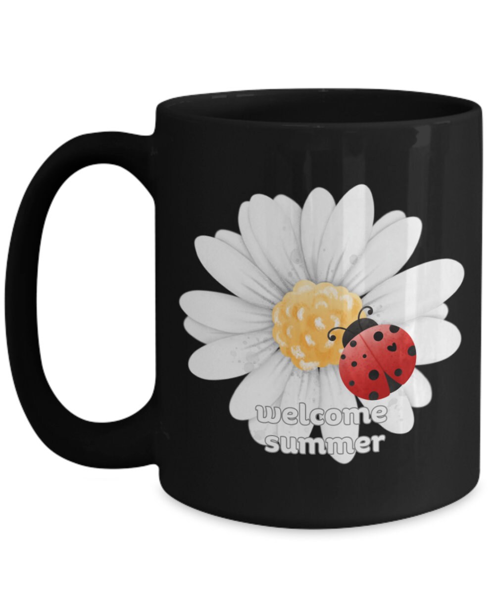 Ladybug Mug, Daisy Mug, Ladybug, Black Daisy Mug, Ladybug Graphic Mug, Ladybug Graphics, Summer ...