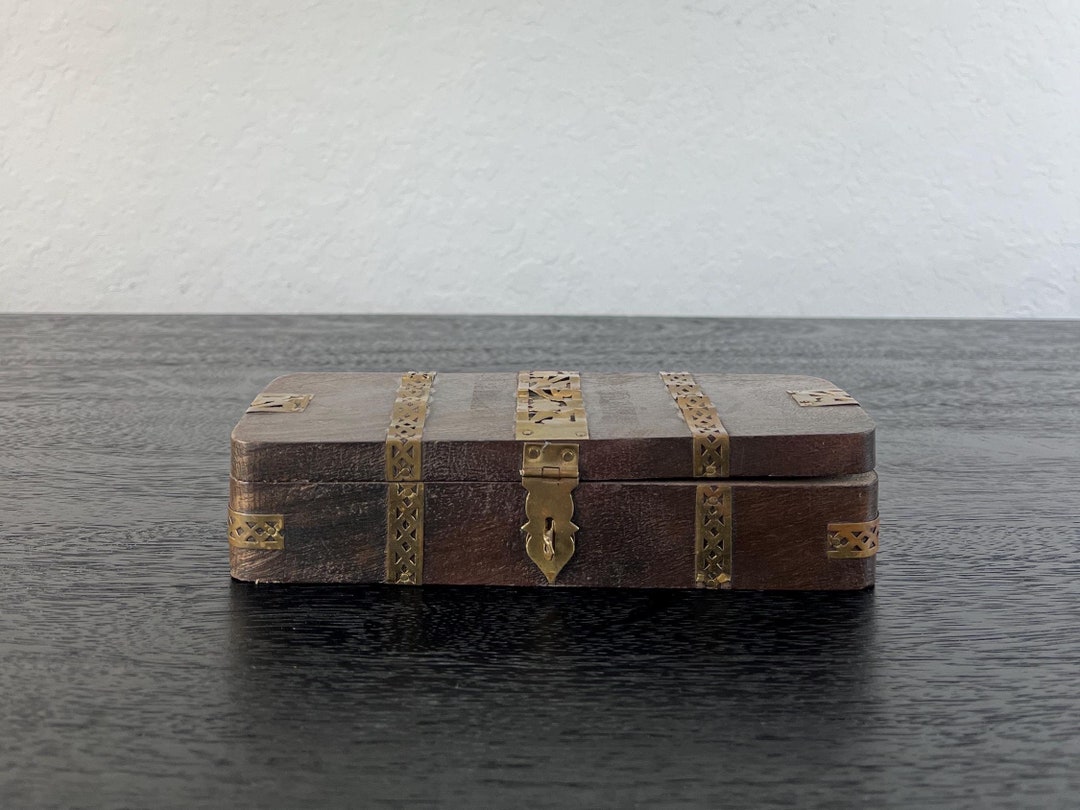 Wood Trinket Box Vintage Brass Box Wood Jewelry Box Small Antique Box ...