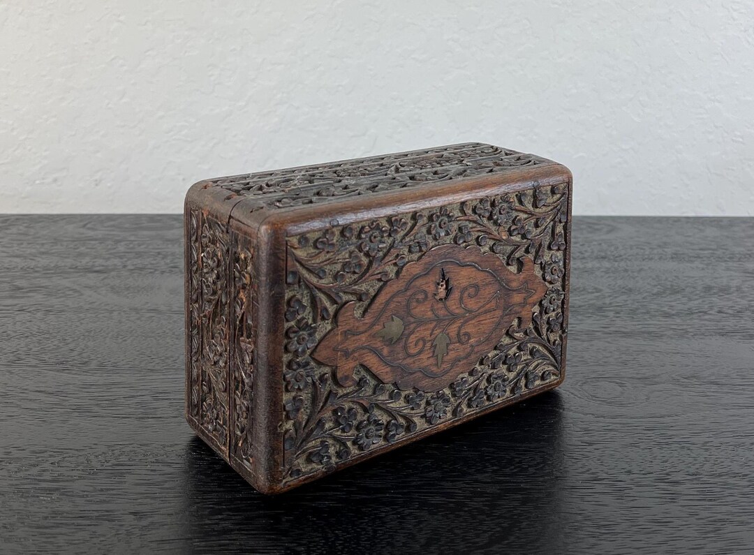 Vintage Wood Box Hand Carved Box Inlay Trinket Box Rustic Wood Box ...