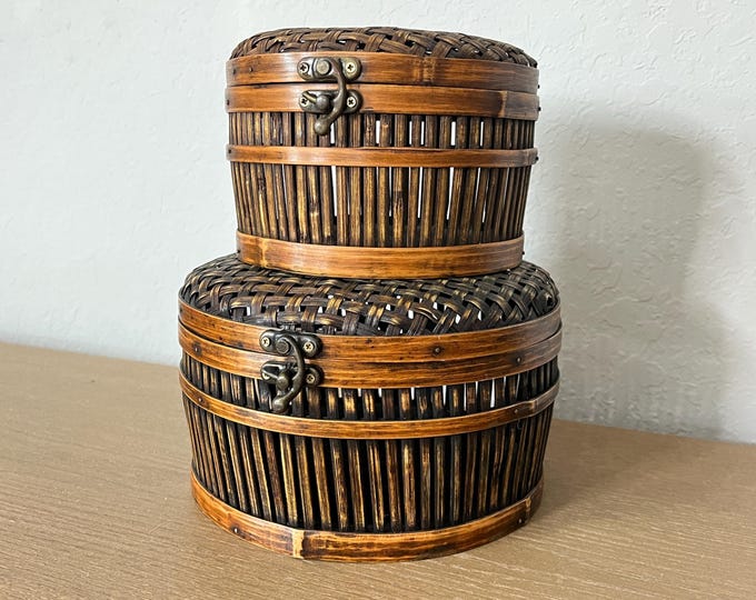 Vintage Woven Bamboo Box, Dark Stained Storage Basket, Lidded Trinket ...