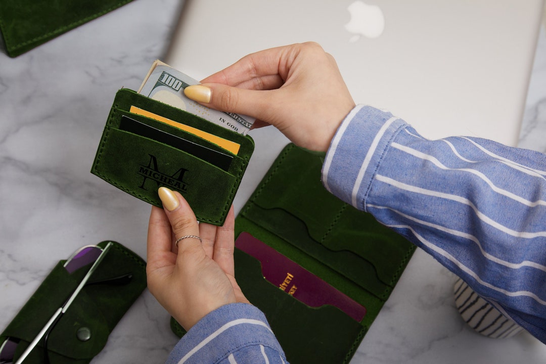 Personalized Green Leather Card Holder Handmade Leather Business Card ...