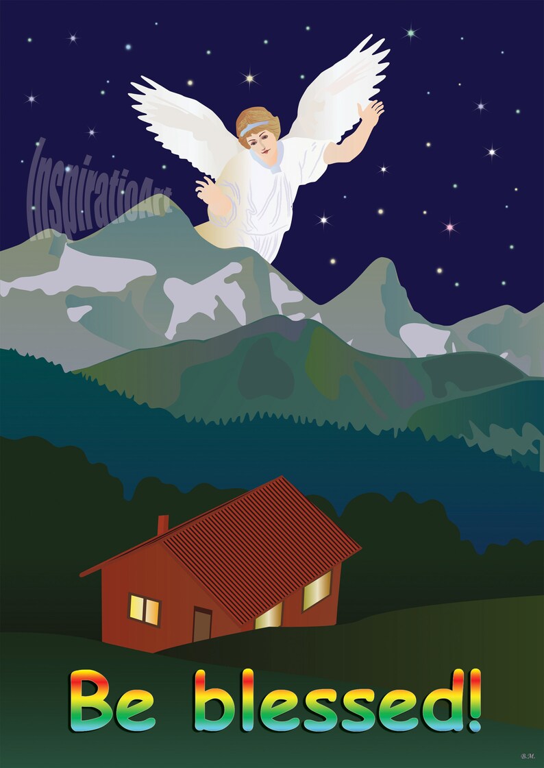 Divine Protection Angel Poster, Starry Mountain Landscape Illustration ...