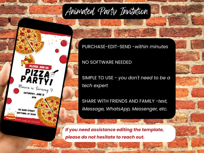Animated Pizza Party Video Invitation: DIY Editable Template (digital ...
