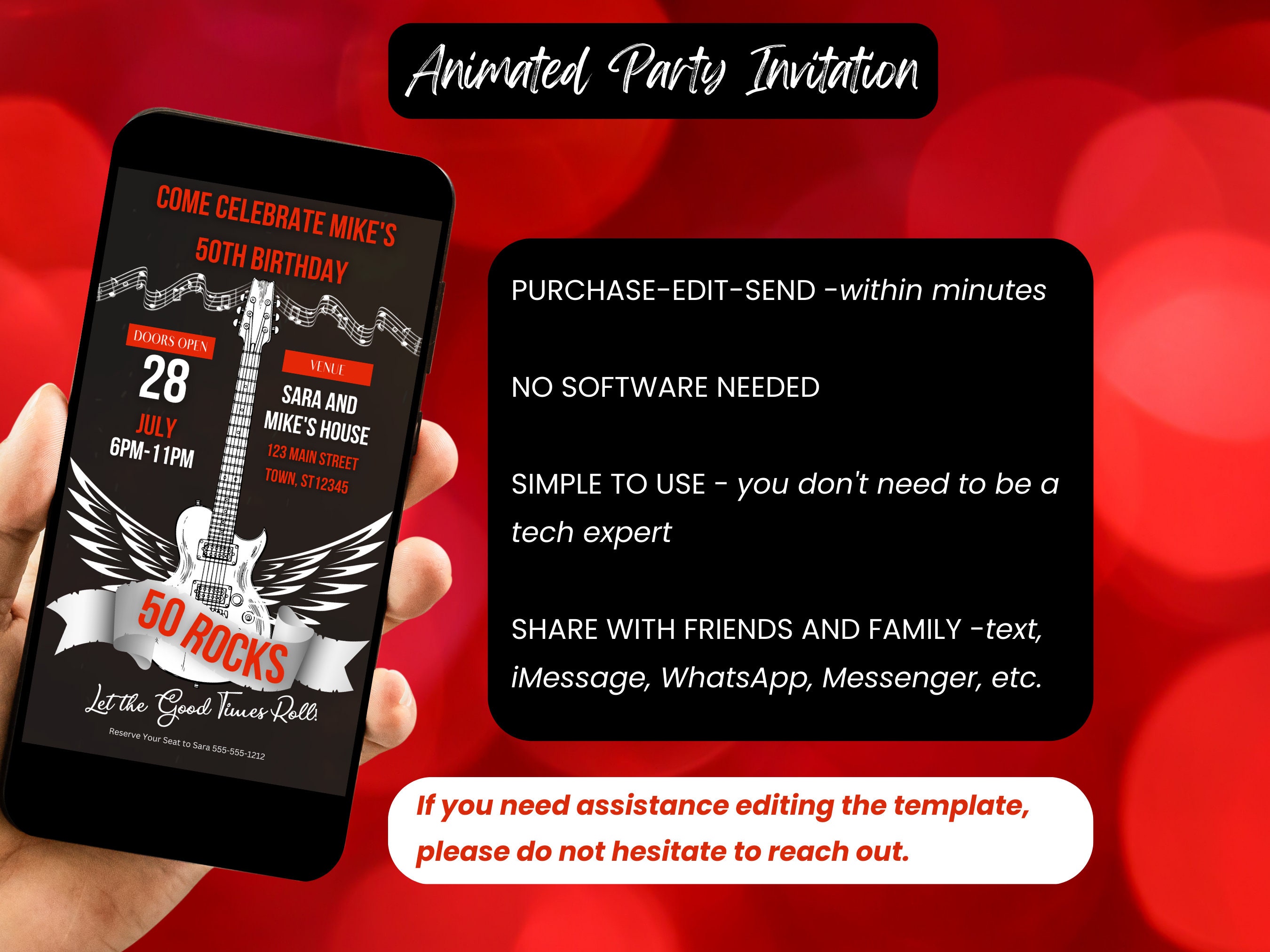 Animated Rock and Roll Themed Digital Birthday Party Invitation, Simple ...