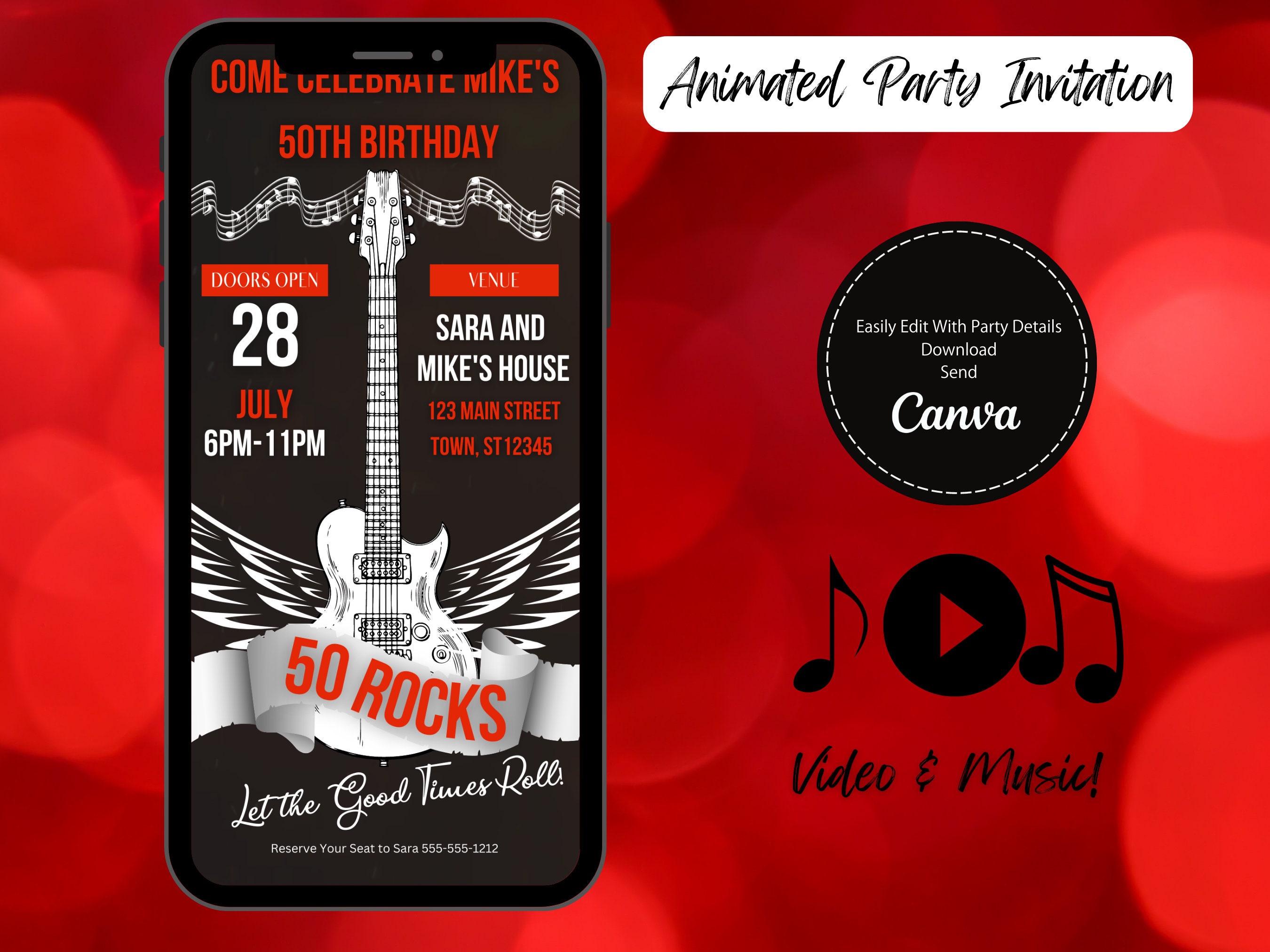Animated Rock and Roll Themed Digital Birthday Party Invitation, Simple ...