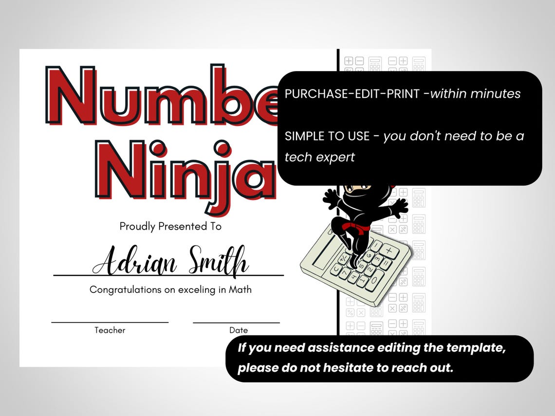 Editable Math Award Certificate: Number Ninja Printable (DIY Template ...