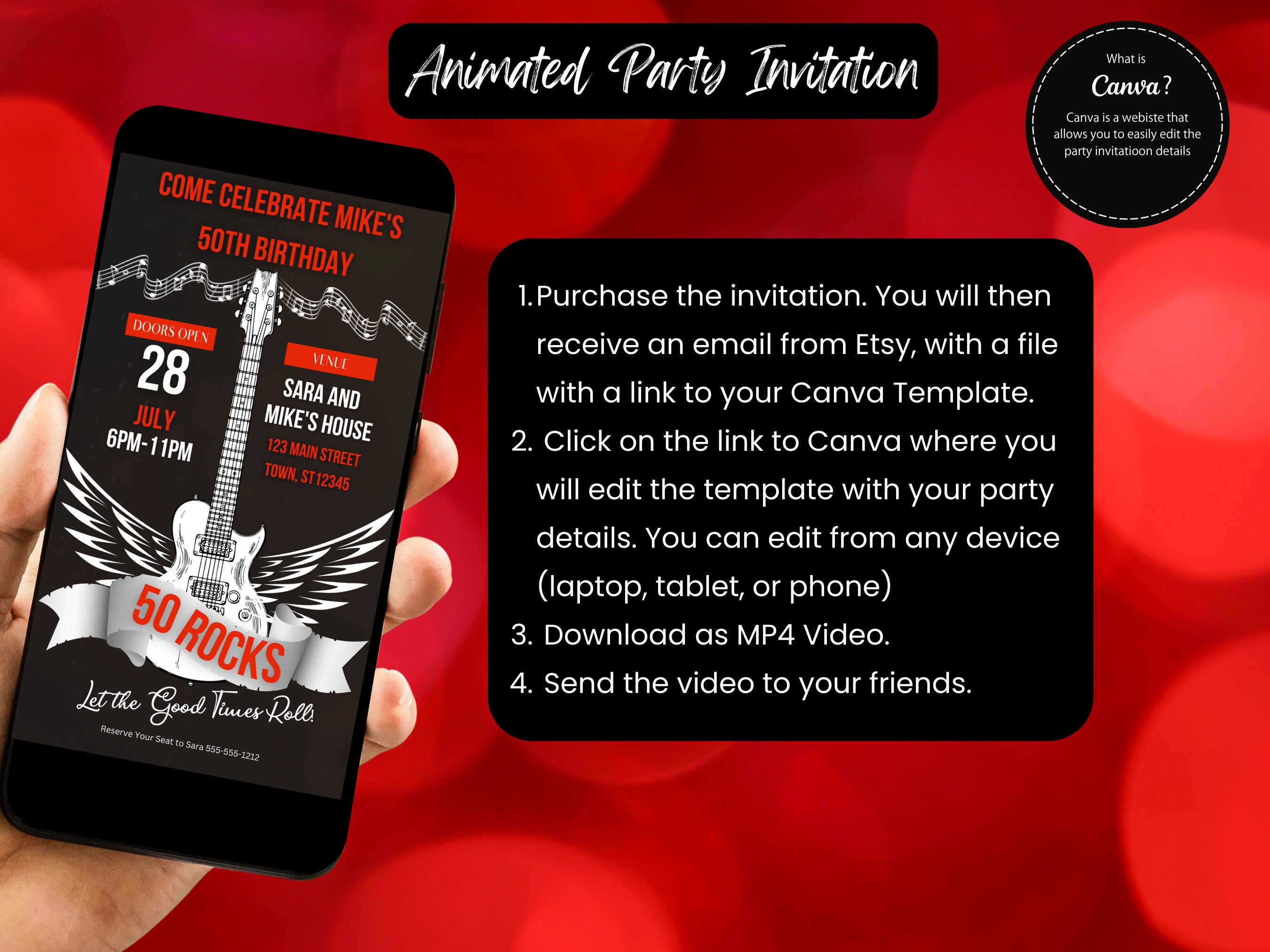Animated Rock and Roll Themed Digital Birthday Party Invitation, Simple ...