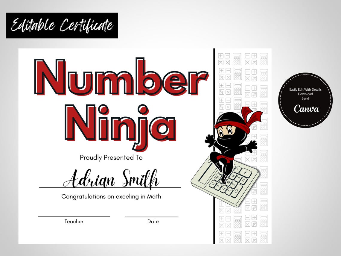 Editable Math Award Certificate: Number Ninja Printable (DIY Template ...