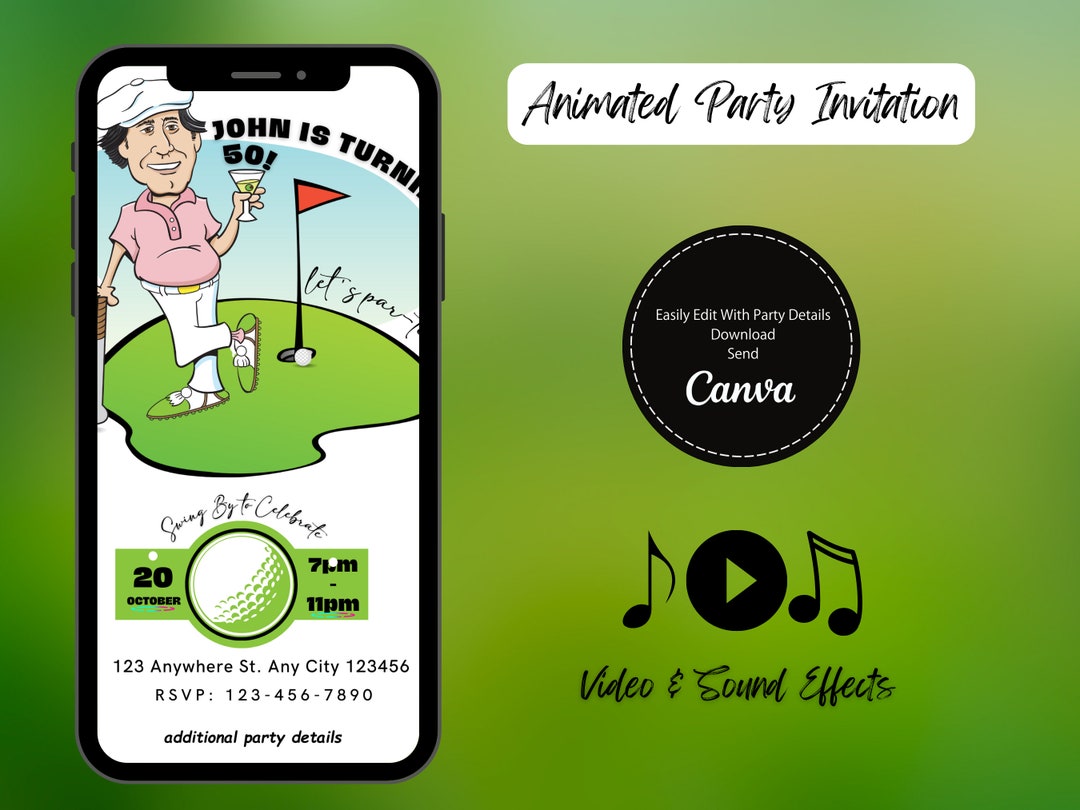 Fun Animated Golf Themed Birthday Party Invitation, Simple DIY Editable ...