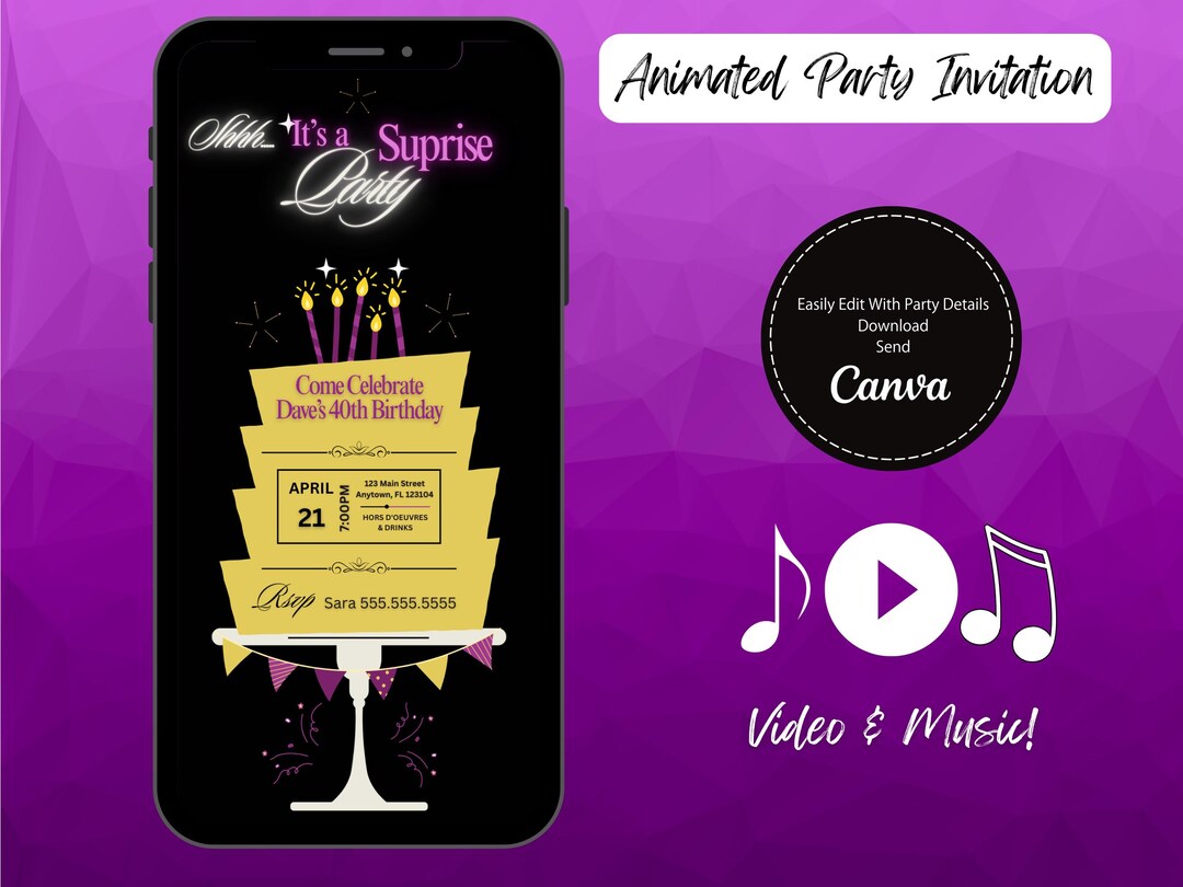Animated Surprise Party Video Birthday Invitation, Simple DIY Editable ...