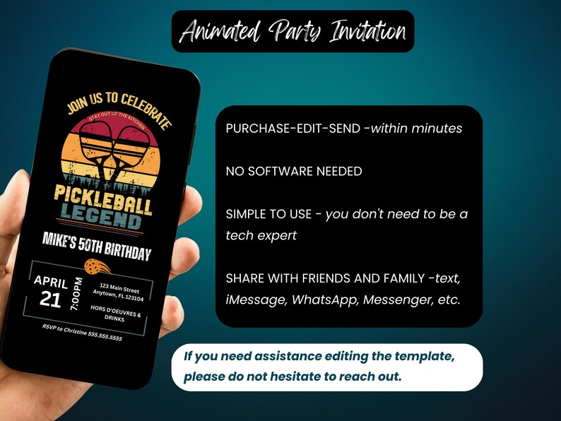 Animated Pickleball Themed Video Birthday Party Invitation, Simple DIY ...