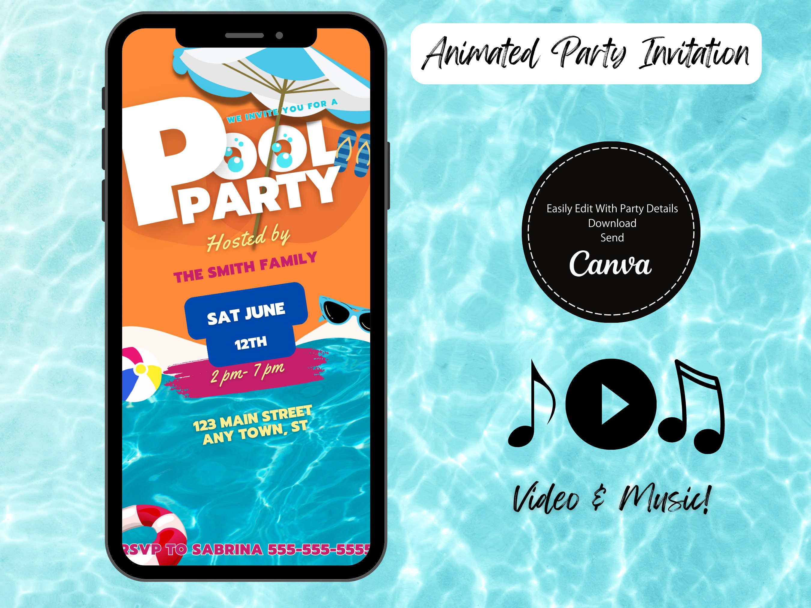 Animated Pool Party Video Invitation, Simple DIY Editable Template Send ...