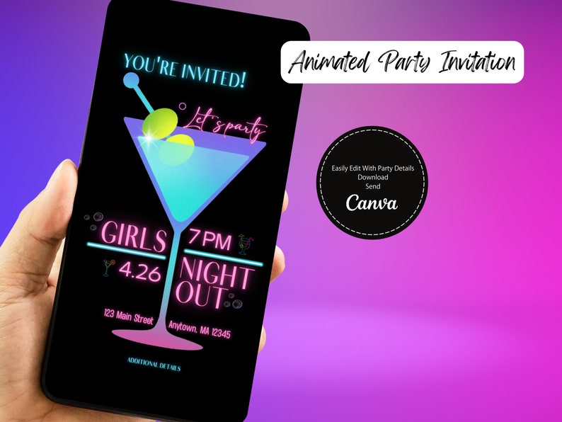 Animated Girls Night Out Invitation: Editable Cocktail Party Invite ...