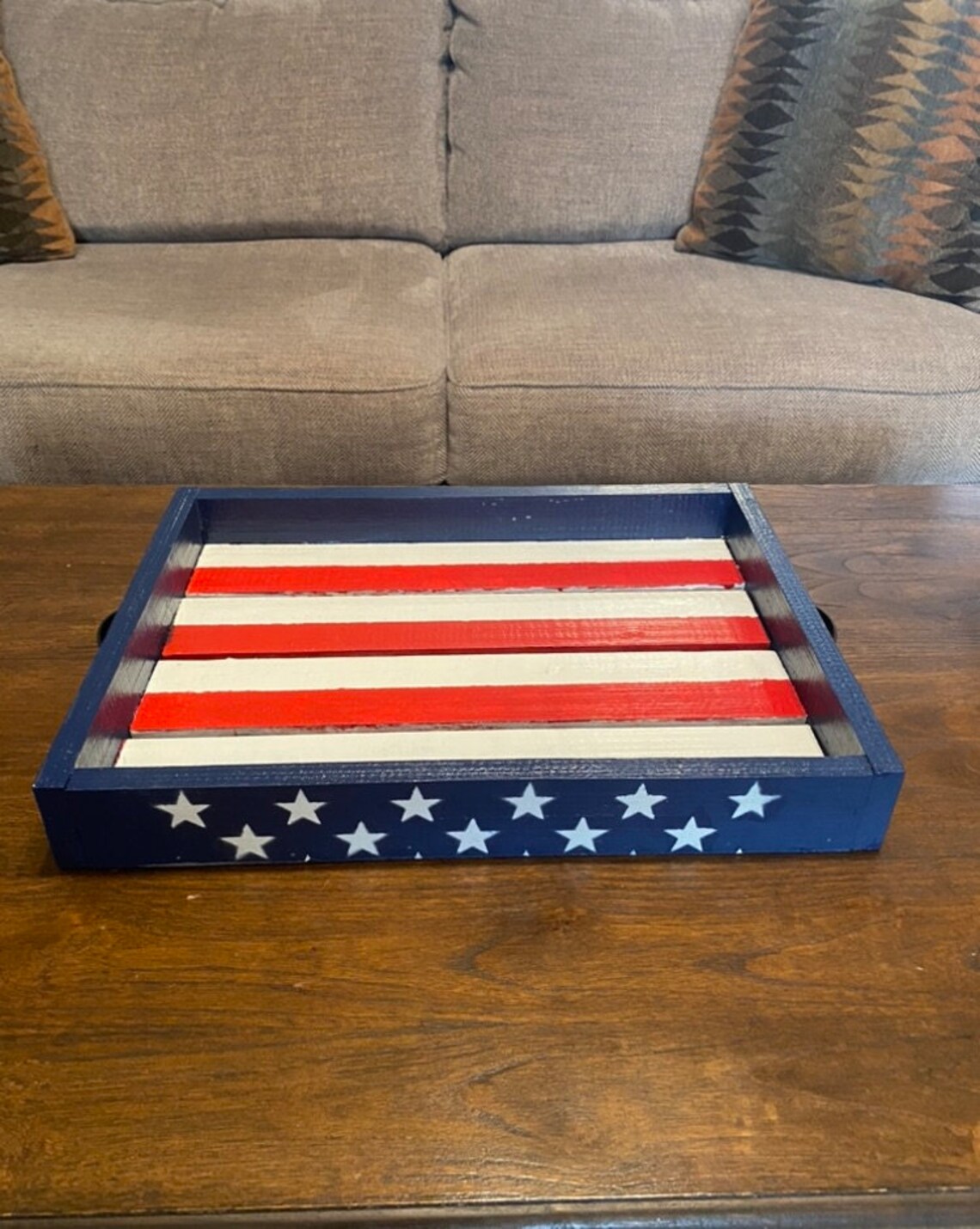 Patriotic Rustic Wood Serving Tray W. Metal Handles | Ottoman Tray ...