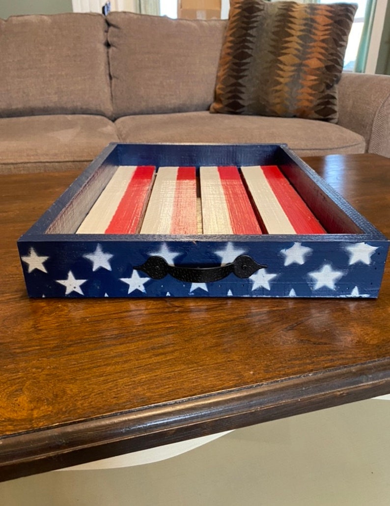 Patriotic Rustic Wood Serving Tray W. Metal Handles | Ottoman Tray ...