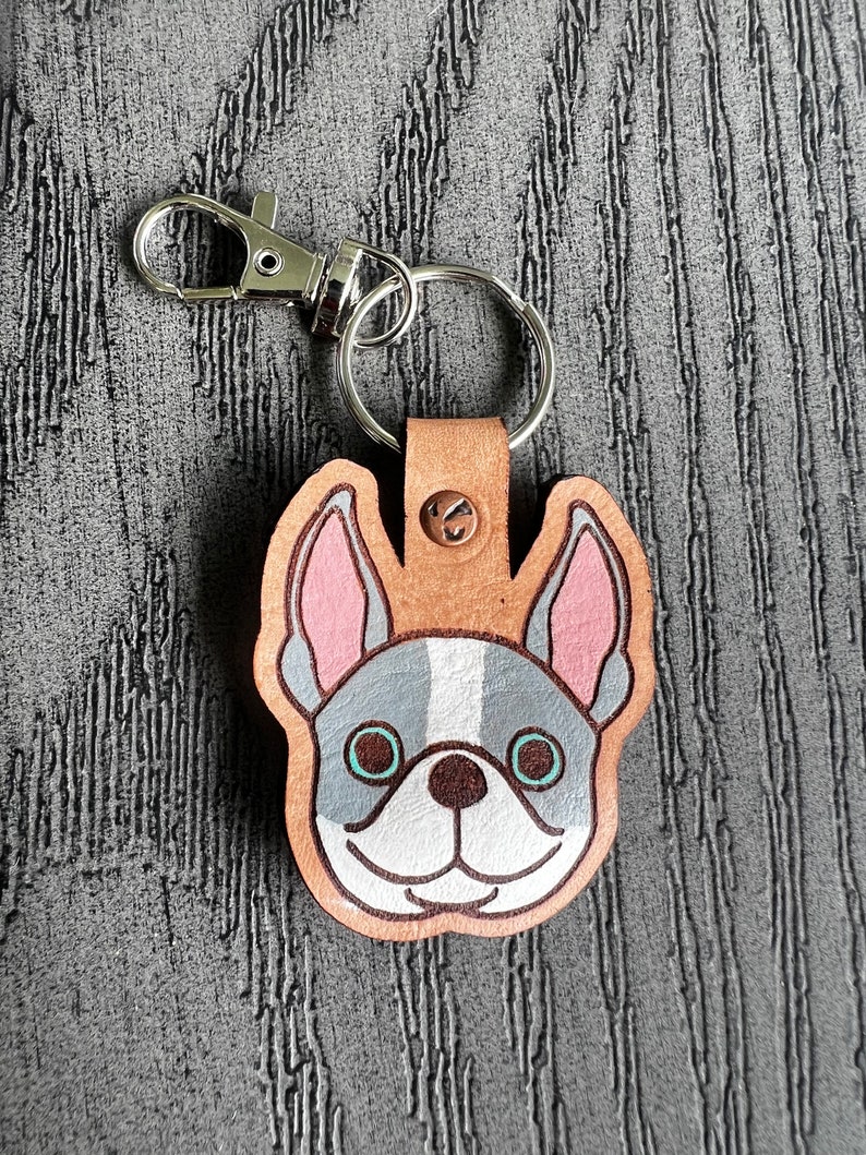 Dog Keychain Hand Painted Leather Boston Terrier Keychain Dog - Etsy