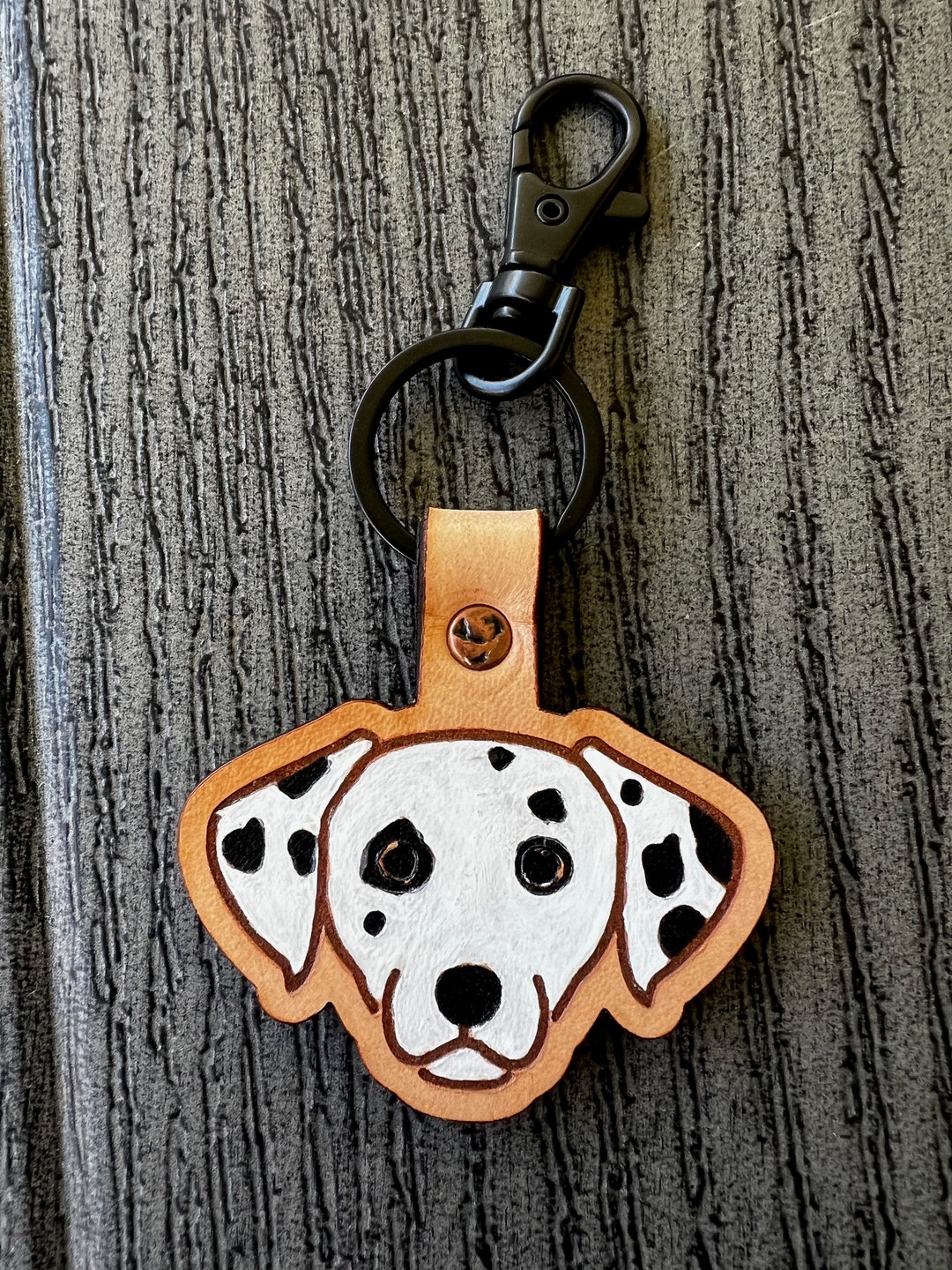 Dog Keychain Hand Painted Leather Dalmatian Keychain Dog Face Keychain ...