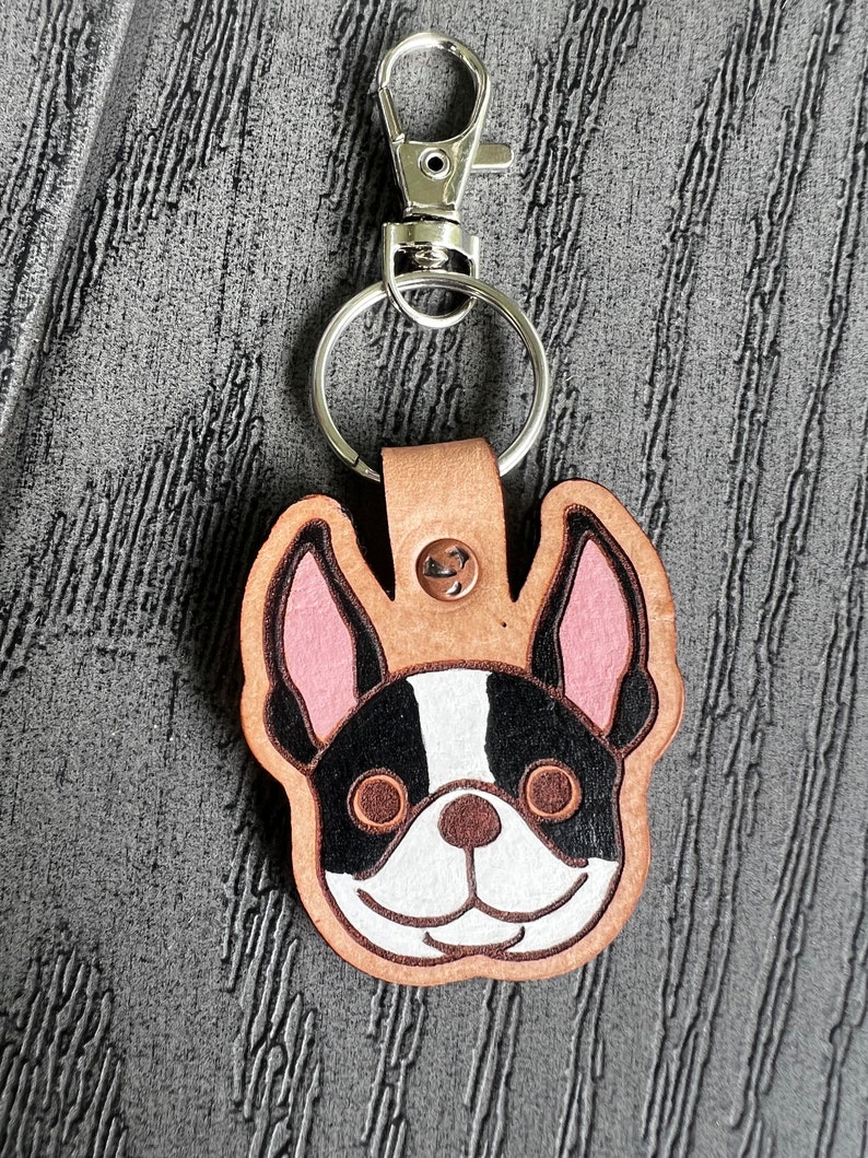 Dog Keychain Hand Painted Leather Boston Terrier Keychain Dog - Etsy