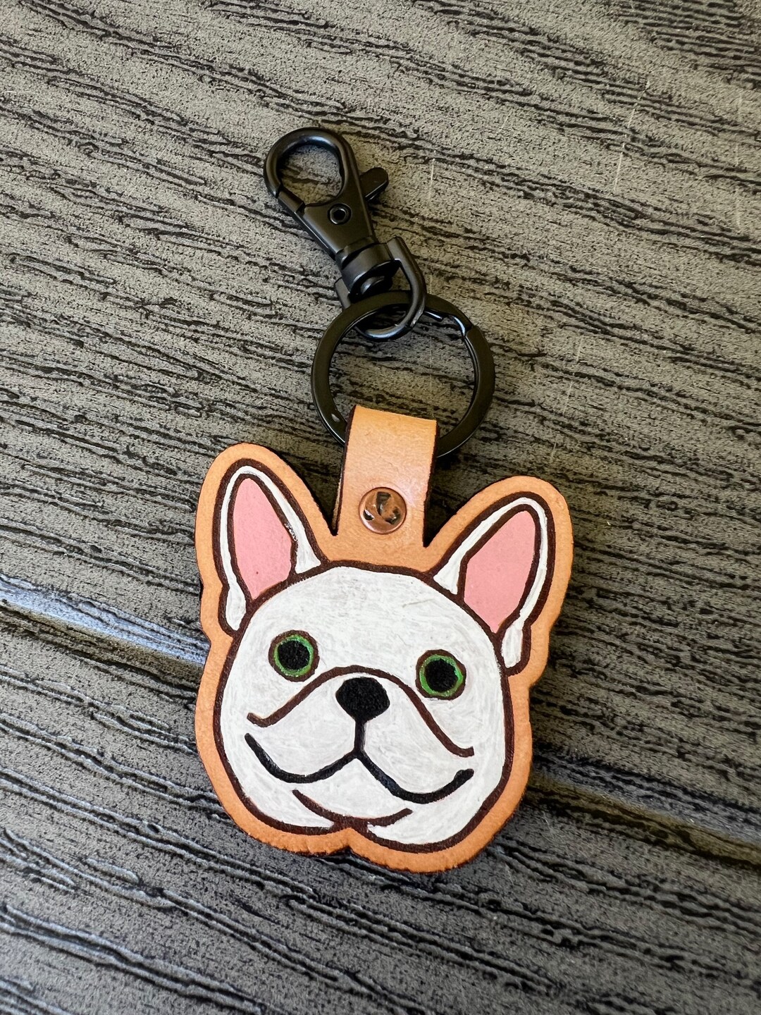 Dog Keychain Hand Painted Leather Frenchie Keychain Dog Face Keychain ...