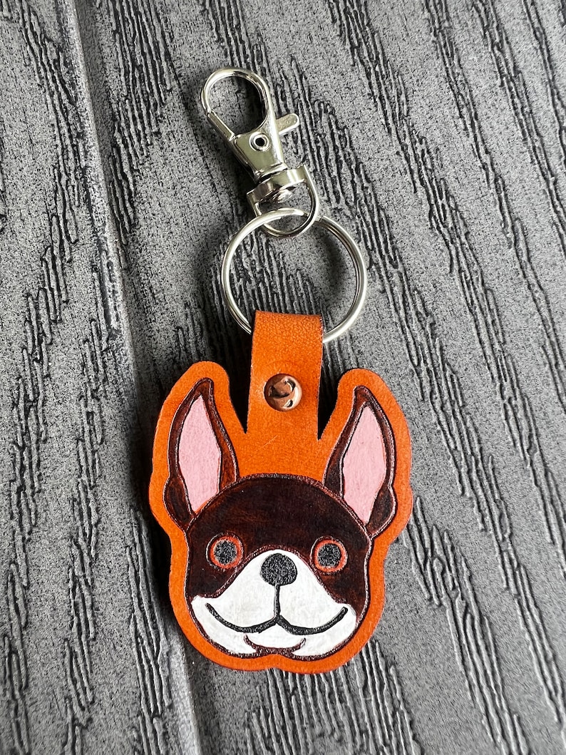 Dog Keychain Hand Painted Leather Boston Terrier Keychain Dog - Etsy