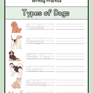 Dog Breed Tracing Worksheet | Learn to Write Dog Names | Handwriting ...