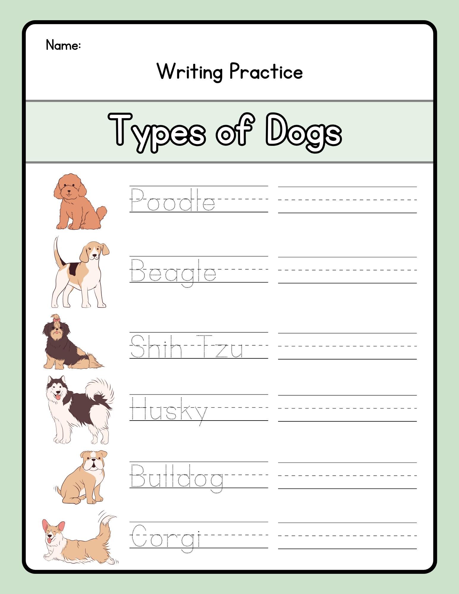Dog Breed Tracing Worksheet | Learn to Write Dog Names | Handwriting ...