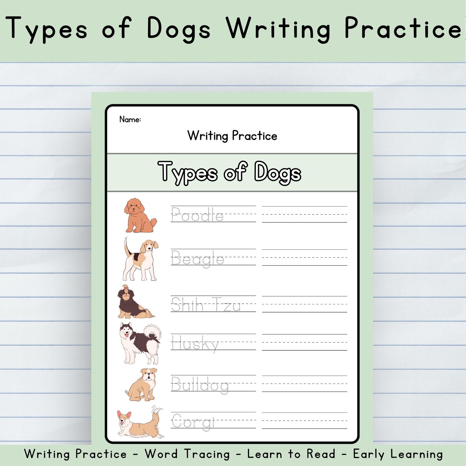 Dog Breed Tracing Worksheet | Learn to Write Dog Names | Handwriting ...