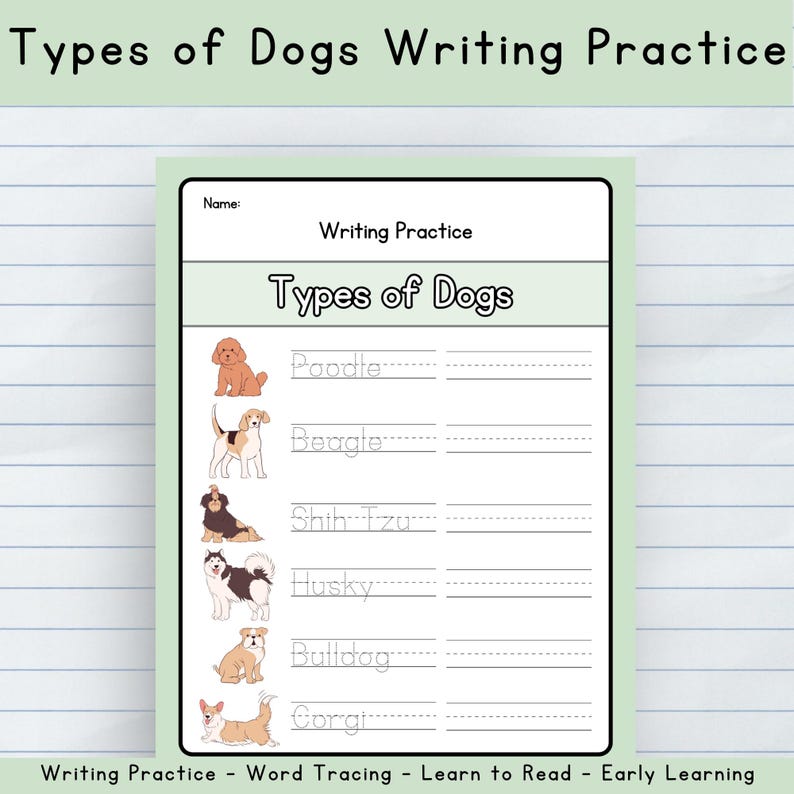 Dog Breed Tracing Worksheet | Learn to Write Dog Names | Handwriting ...