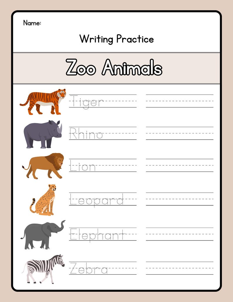 Zoo Animal Tracing Worksheet | Learn to Write Zoo Animals | Handwriting ...