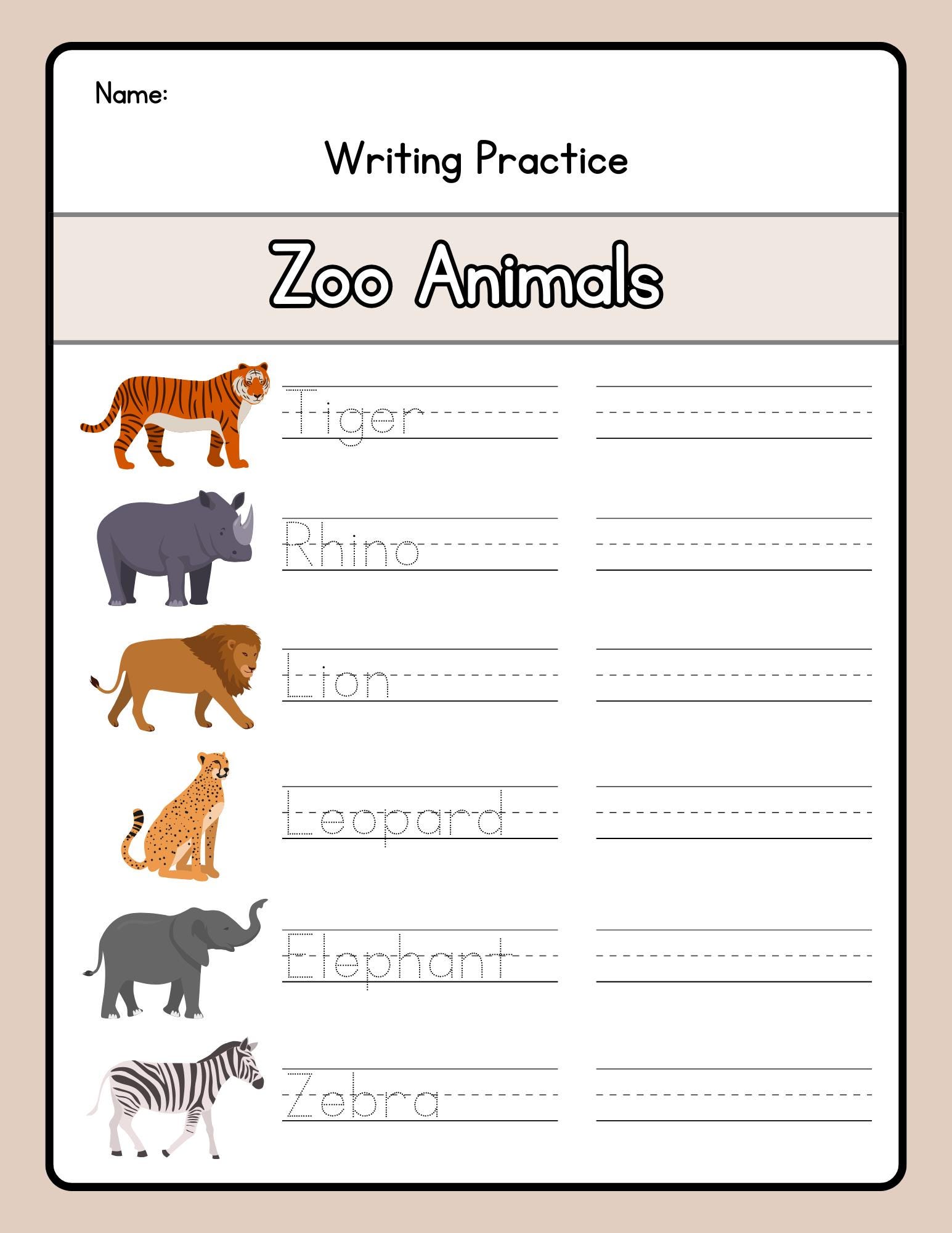 Zoo Animal Tracing Worksheet | Learn to Write Zoo Animals | Handwriting ...