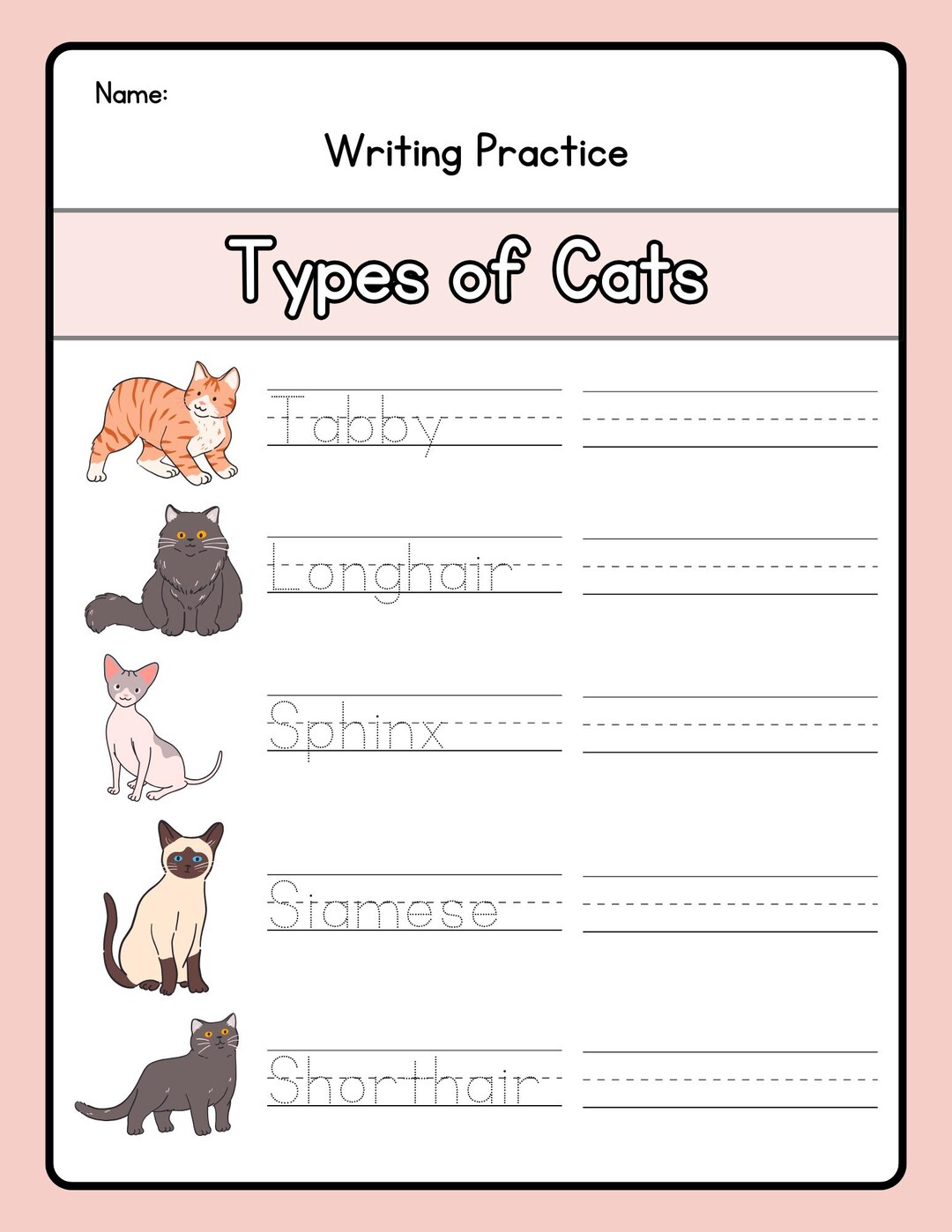 Cat Breed Tracing Worksheet Learn to Write Cat Names Handwriting ...