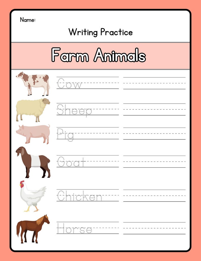 Farm Animal Tracing Worksheet | Preschool Handwriting Practice | Learn ...