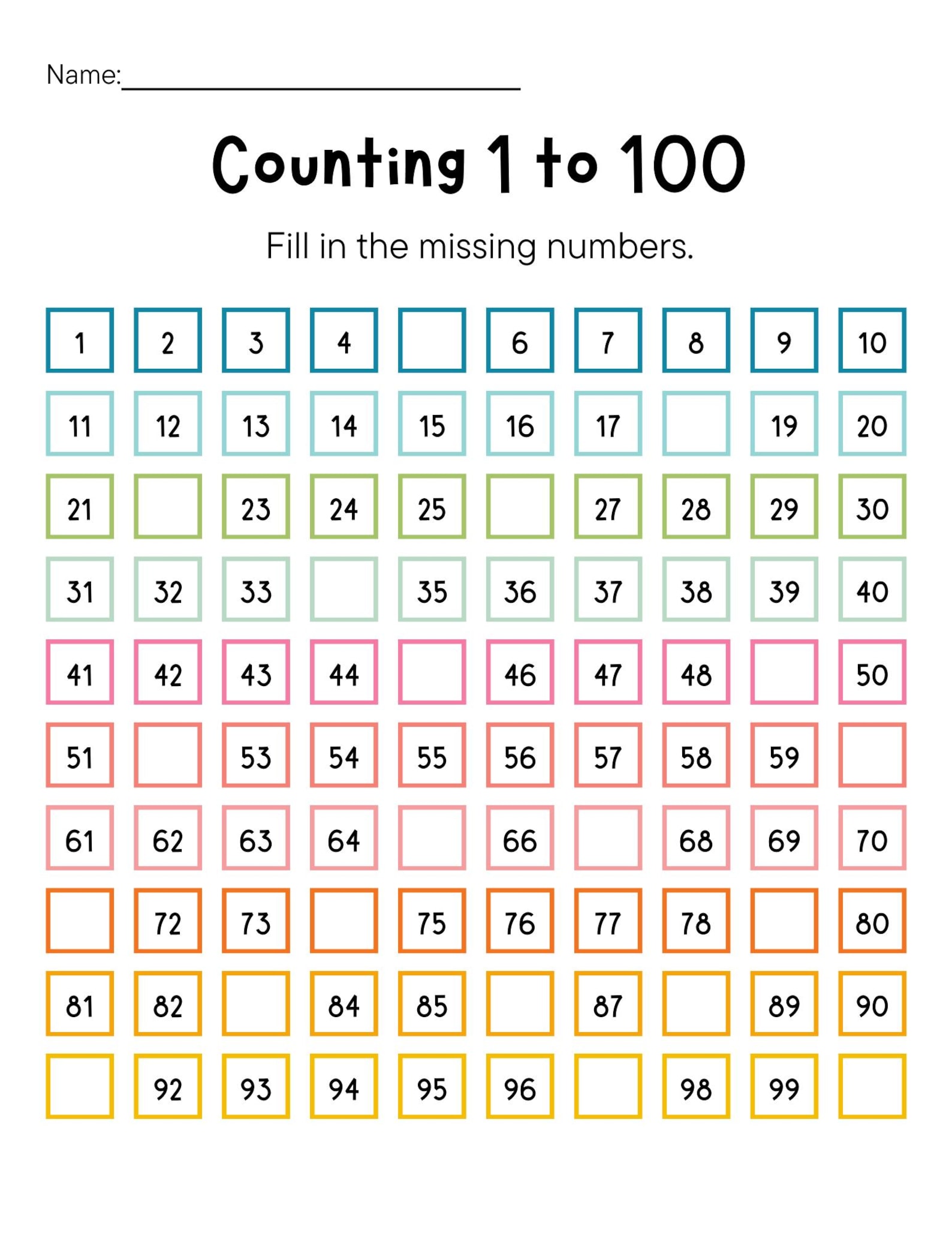 Count to 100 Fill in the Blank Homeschool Printable - Etsy