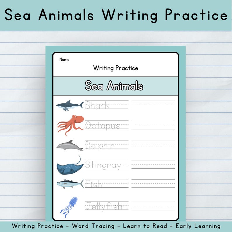 Sea Animal Tracing Worksheet | Learn to Write Sea Animals | Handwriting ...