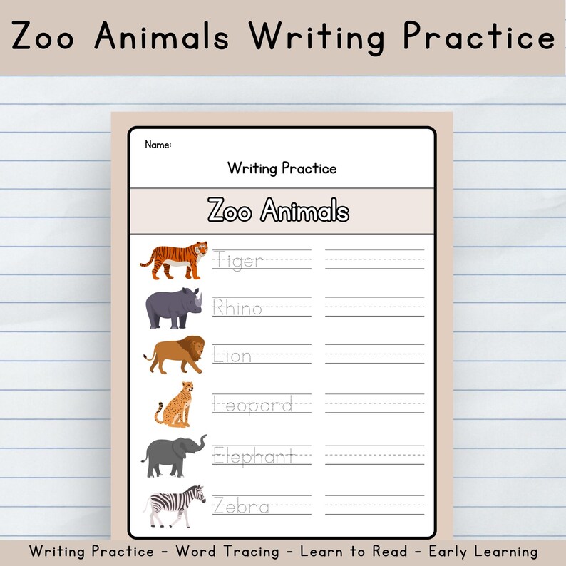 Zoo Animal Tracing Worksheet | Learn to Write Zoo Animals | Handwriting ...