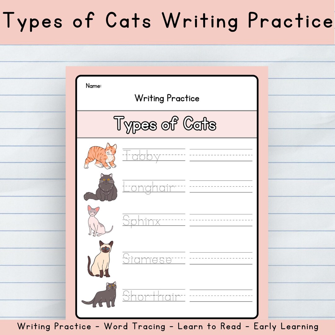 Cat Breed Tracing Worksheet | Learn to Write Cat Names | Handwriting ...