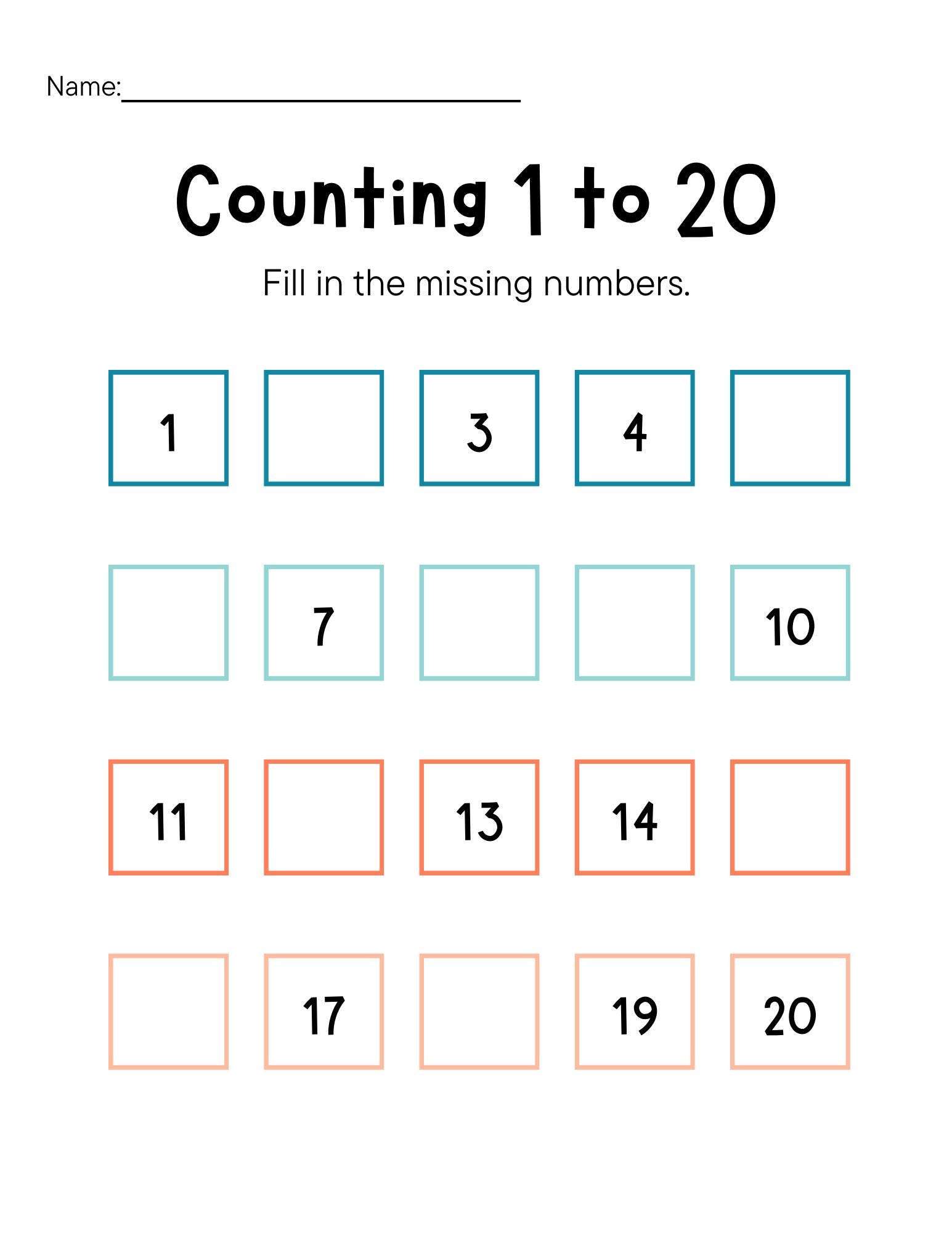 Counting to 20 Worksheet | Fill in the Missing Numbers | Preschool ...