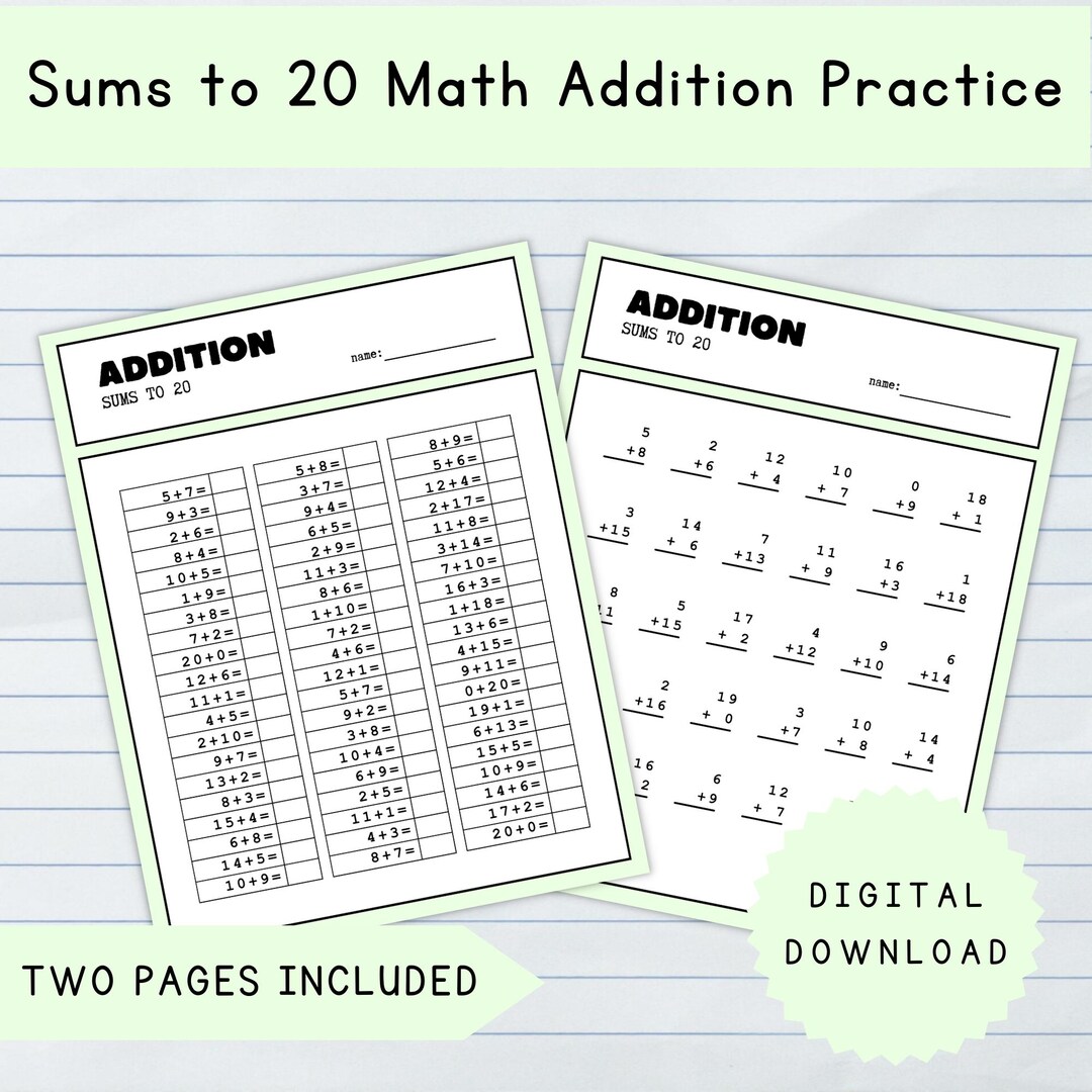 Sums to 20 Math Worksheet | Addition to 20 Practice | Math Facts ...