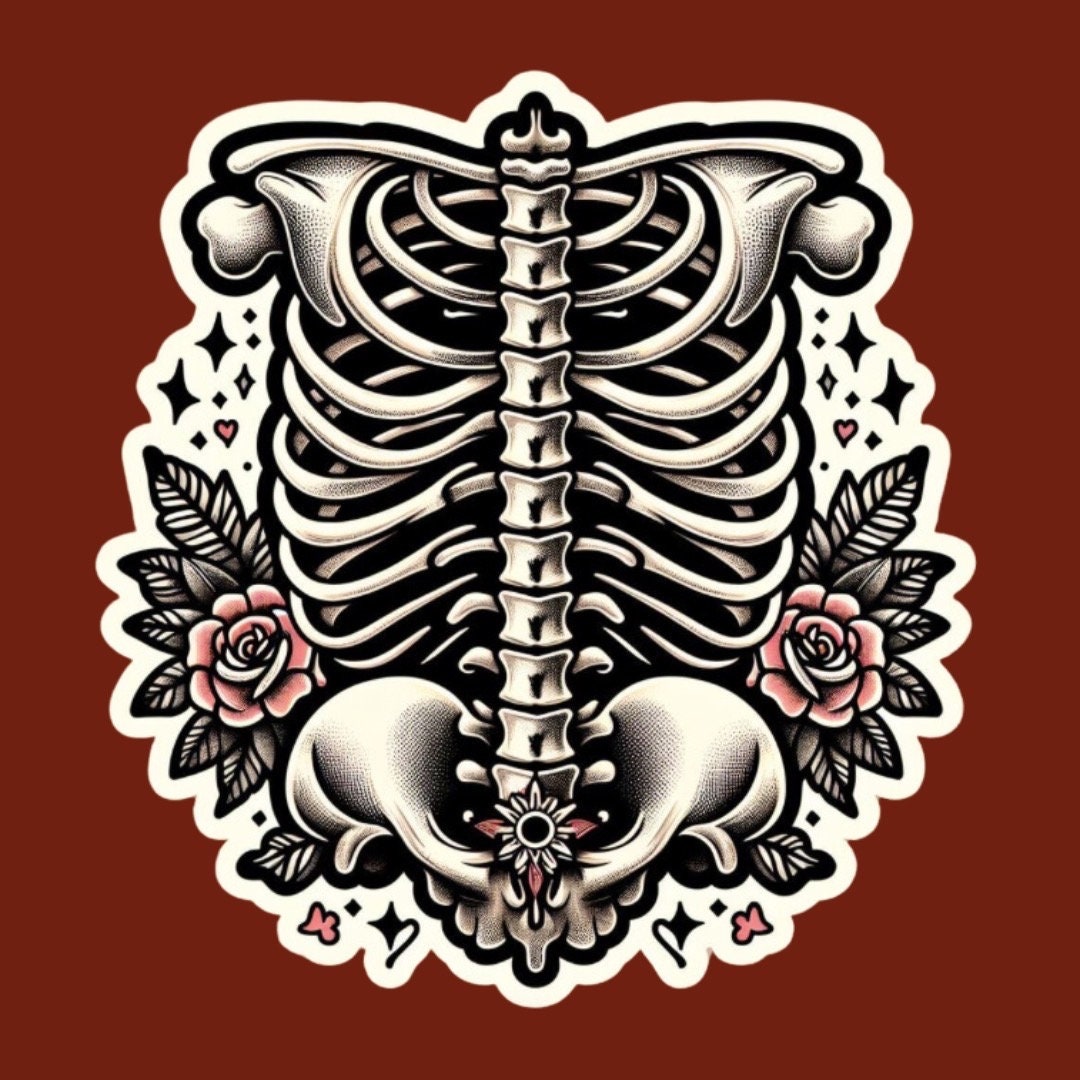 Skeleton Rib Cage With Roses Sticker Traditional Style Goth Inspired - Etsy