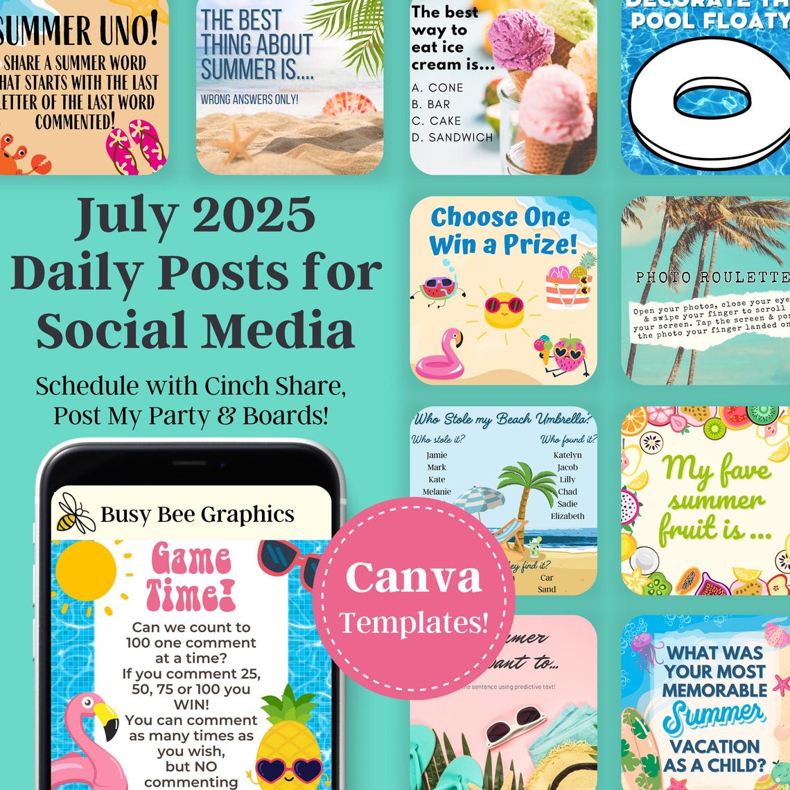SUMMER 2025 Daily Posts - Graphics, Captions, Scheduling Links & Canva ...