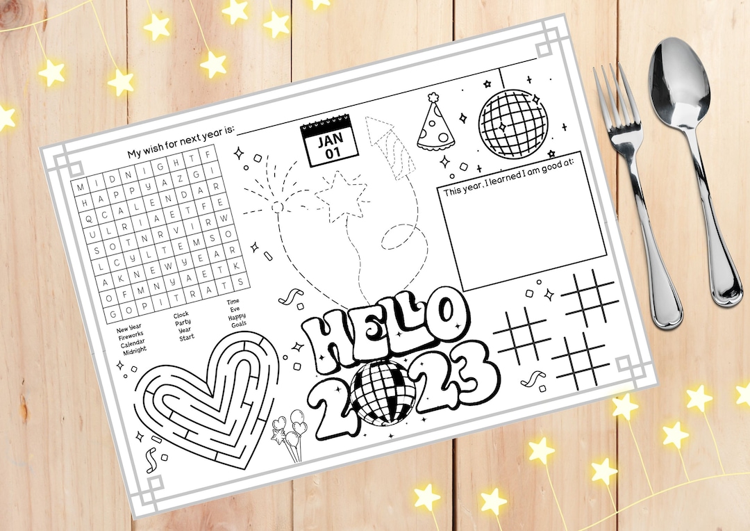 New Years Eve Placemat 2023 | Activity Sheet NYE Coloring | Tic Tac Toe ...